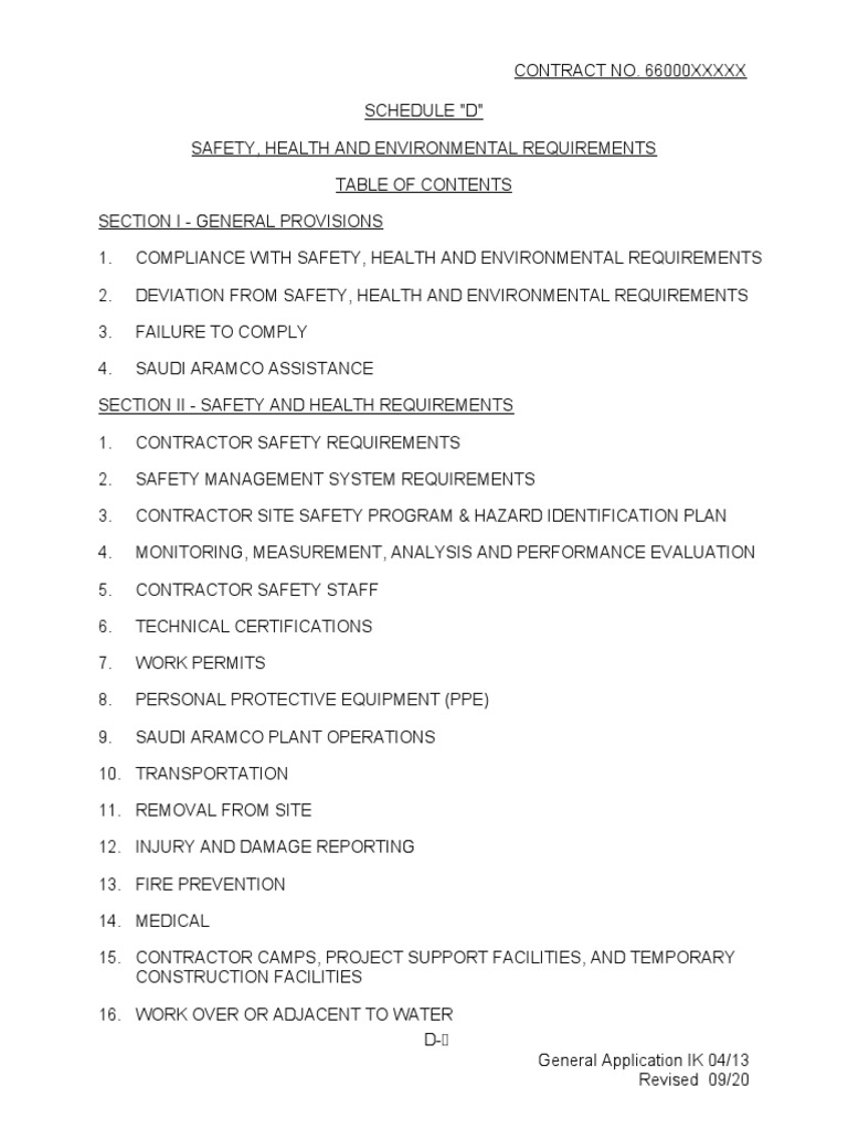 Schedule D SAFETY, HEALTH AND ENVIRONMENTAL REQUIREMENTS | PDF ...