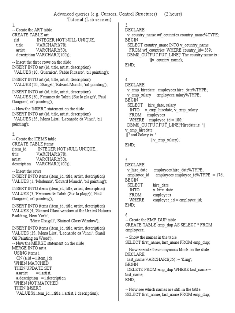 Advanced Queries Eg Cursors Control Structures 2 Hours Tutorial Lab Session Pdf Sql 