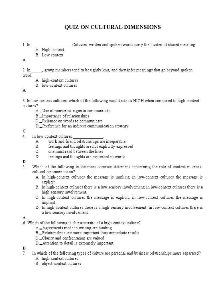 Quiz On Cultural Dimensions | PDF | Collectivism | Human Communication