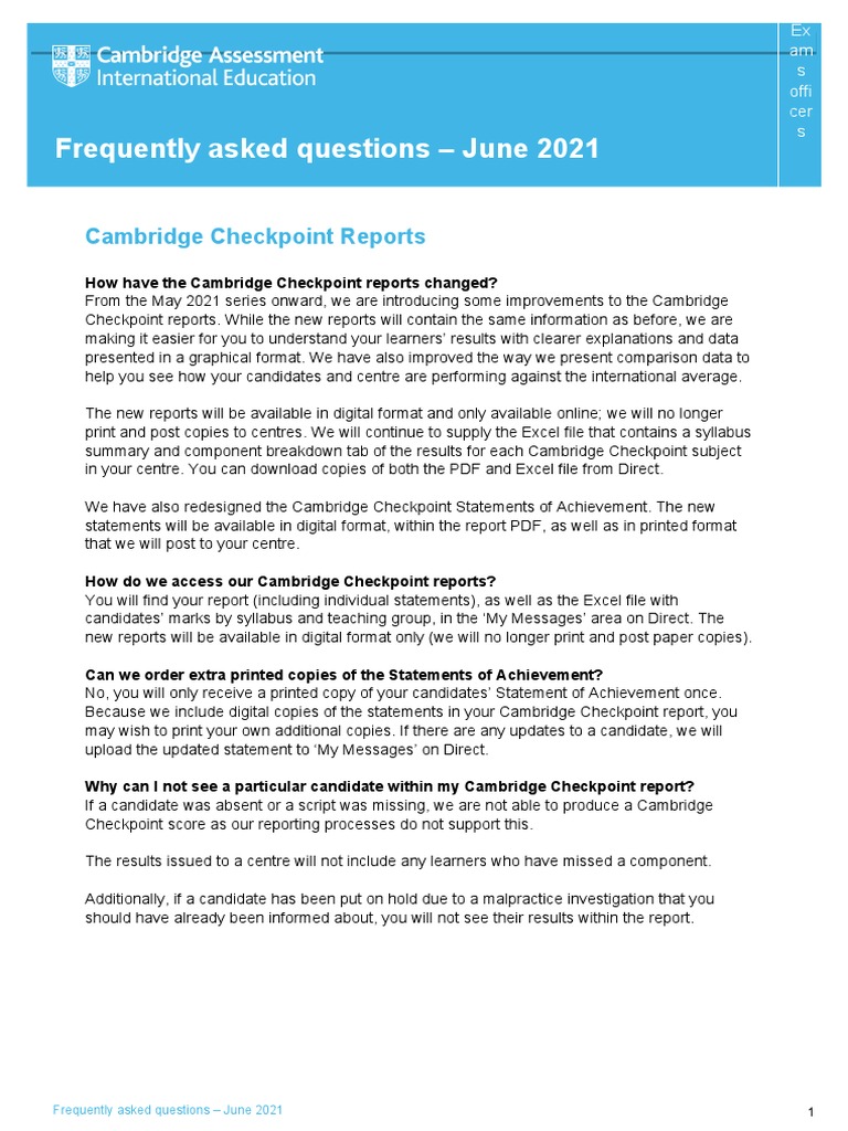 Frequently Asked Questions - June 2021: Cambridge Checkpoint Reports ...