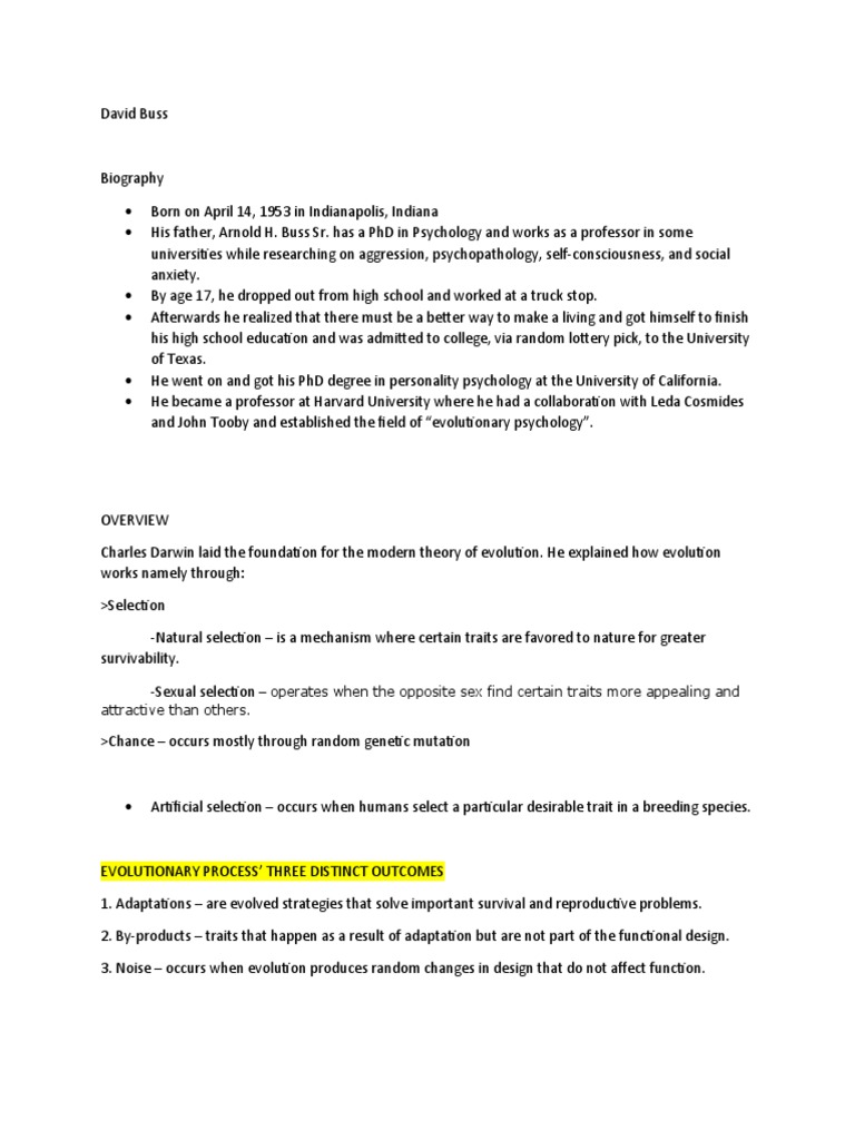 Notes For David Buss | PDF | Evolution | Natural Selection