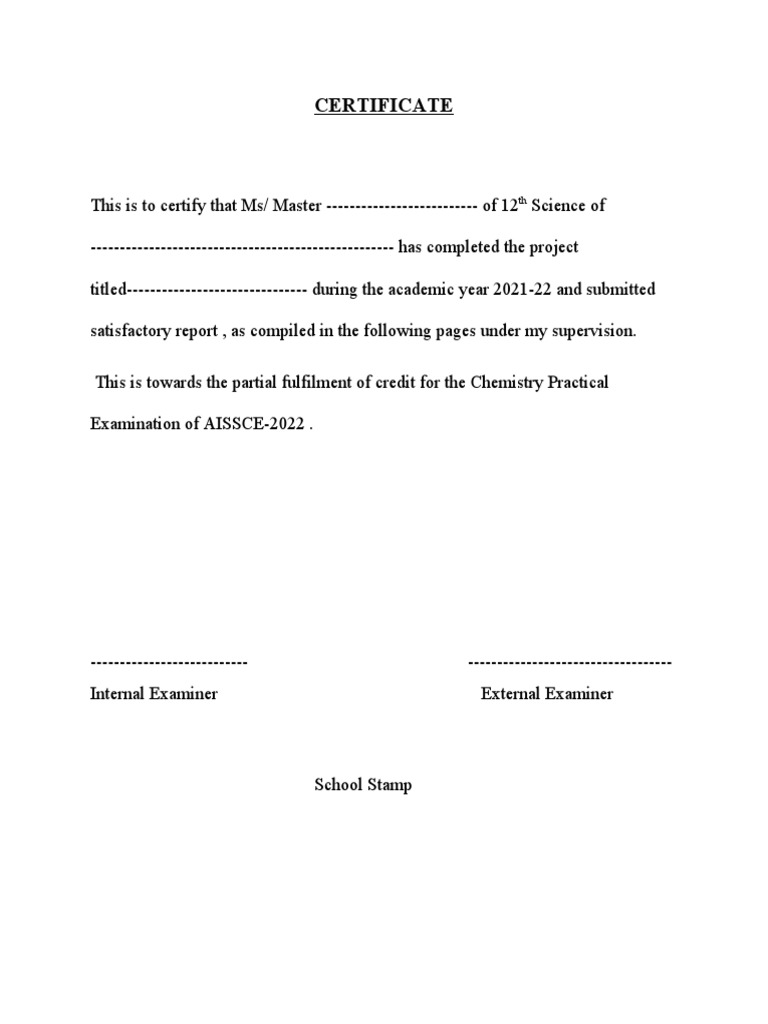 Certificate for Class 12 Chemistry Project | PDF