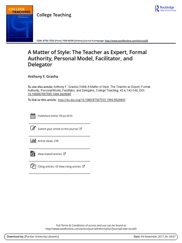A Matter of Style: The Teacher As Expert, Formal Authority, Personal ...