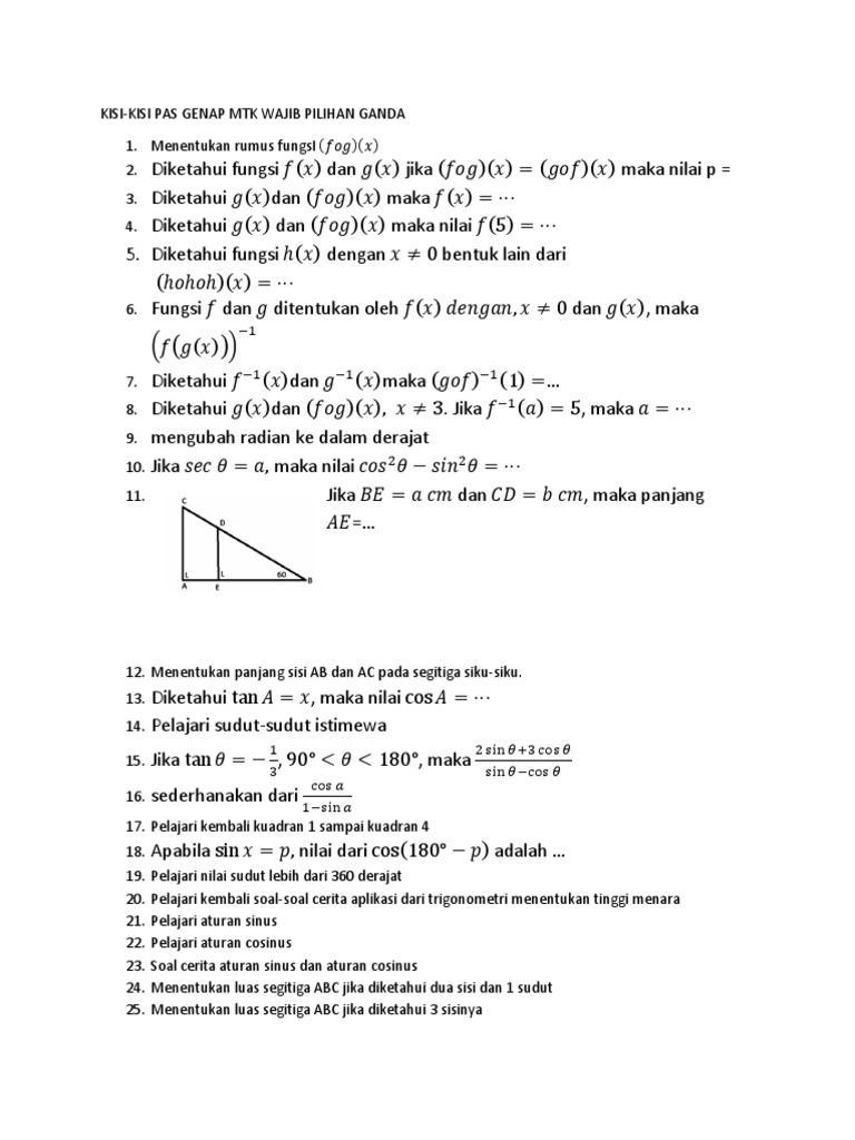 Kisi-Kisi Pas MTK Wajib Kelas 10 | PDF | Metode & Bahan Ajar