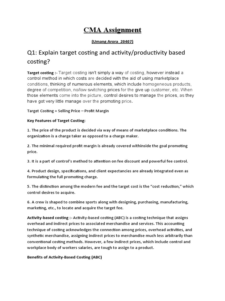 CMA Assignment: Q1: Explain Target Costing and Activity/productivity Based Costing? | PDF ...