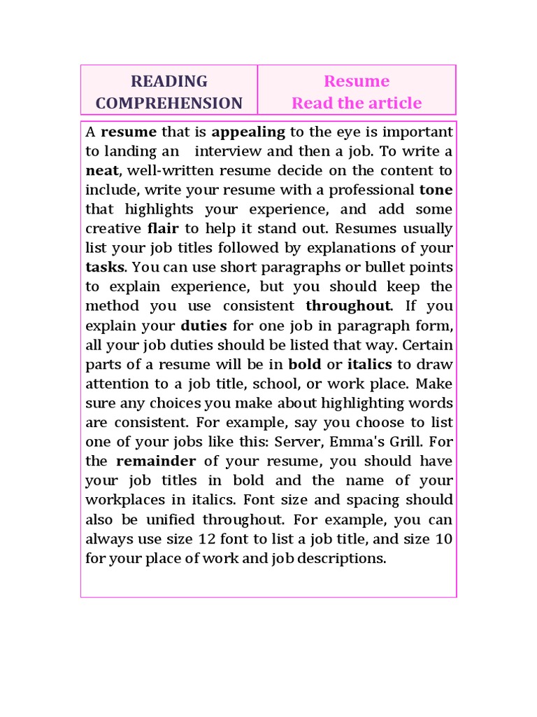 Reading Comprehension Resume | PDF