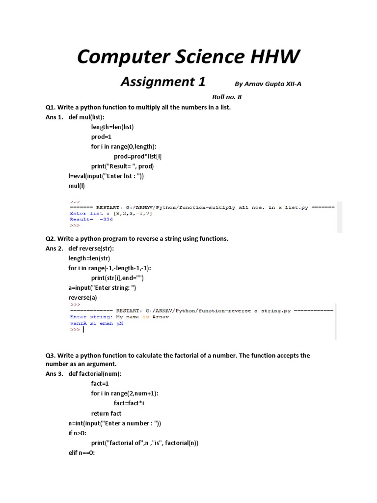 Computer Science HHW Assignment 1 & 2 Solutions | PDF | Parameter (Computer Programming ...