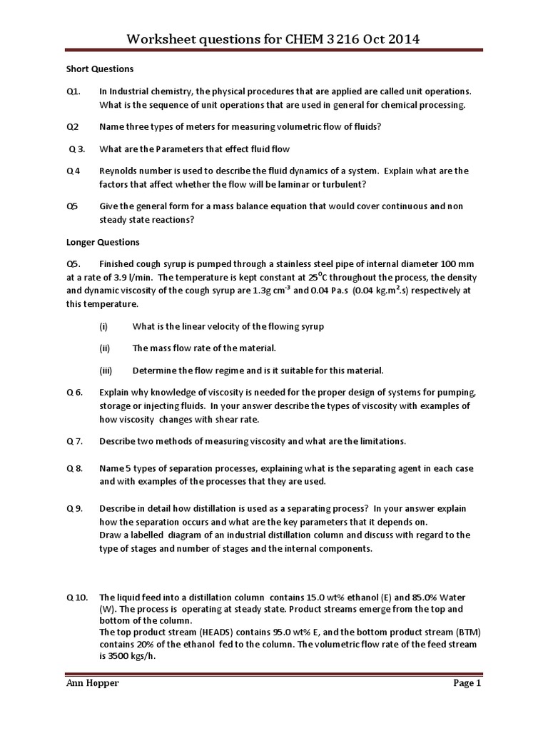 Worksheet Qs 2014 | PDF | Fluid Dynamics | Viscosity
