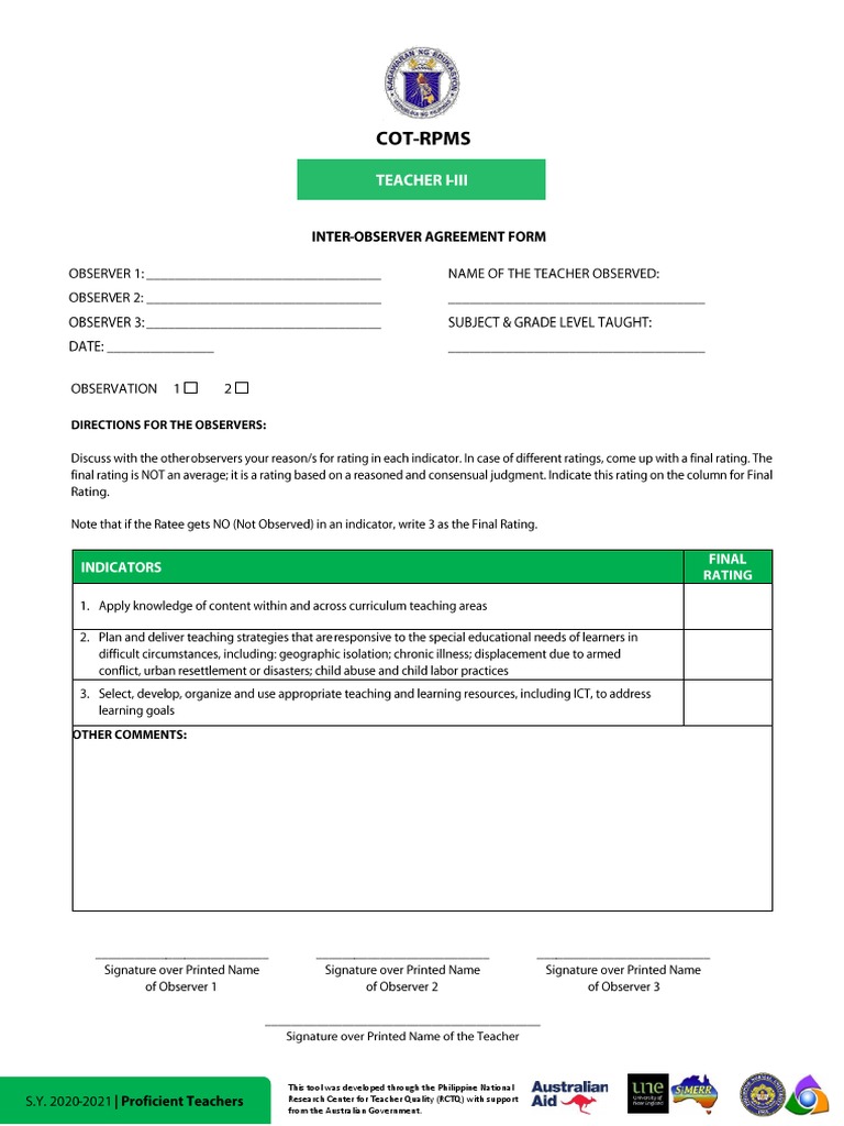 COT-RPMS Inter-Observer Agreement Form For T I-III For SY 2020-2021 in The Time of COVID-19 | PDF
