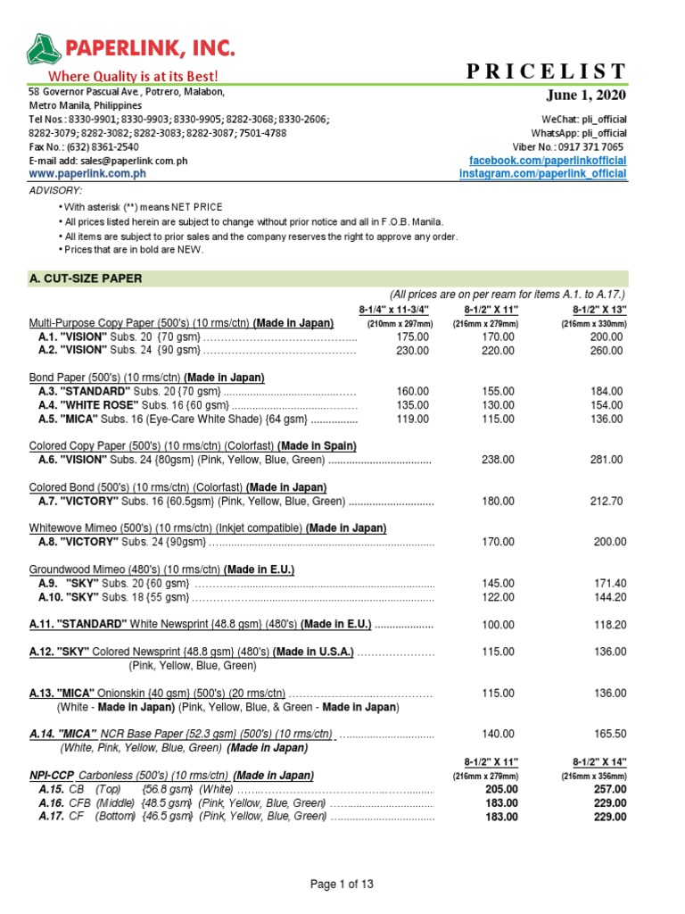 Paper Price List and Specifications | PDF | Artistic Techniques | Color