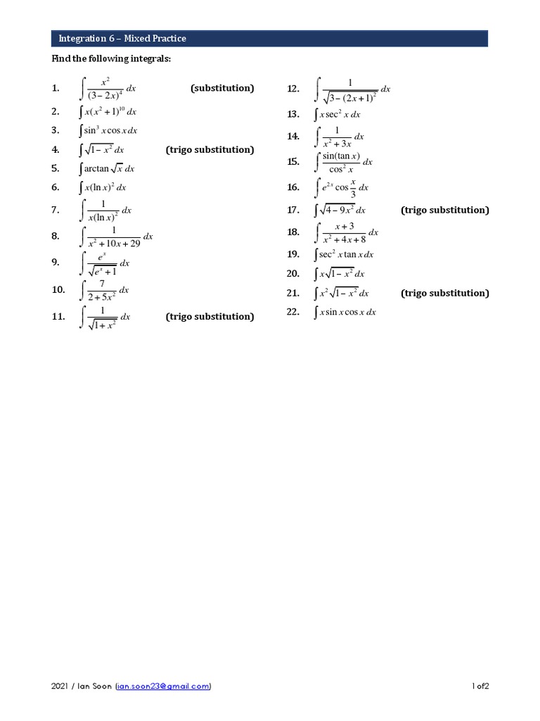 A Collection of Integral Problems Involving Substitution, Trigonometric ...