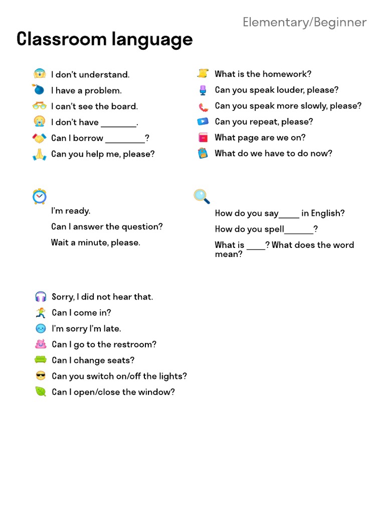 Elementary/Beginner Classroom Language Phrases | PDF | Cognition ...