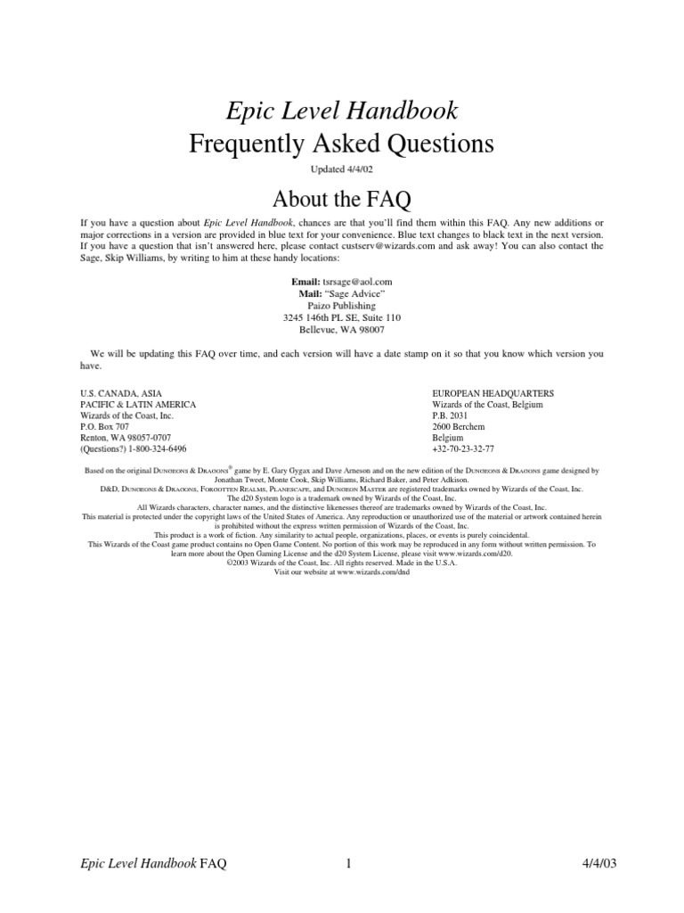 Epic Level Handbook FAQ | PDF | Tsr, Inc. | Wizards Of The Coast
