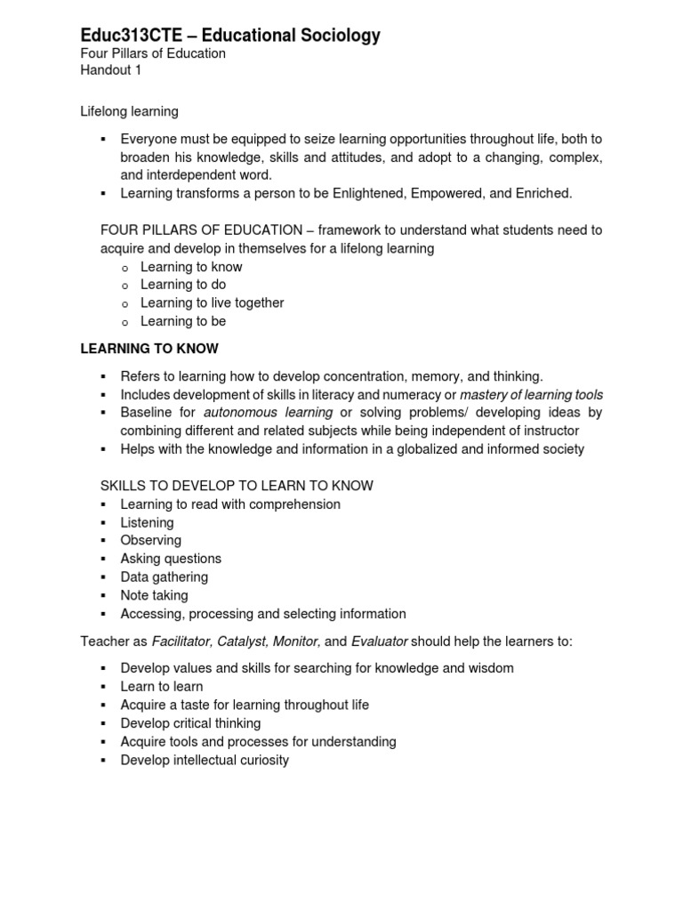 Four Pillars of Education Overview | PDF | Lifelong Learning | Learning