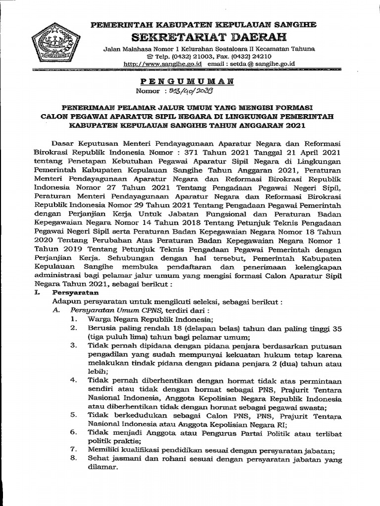 Pengumuman Seleksi Cpns Dan PPPK Non Guru Kab Kepl Sangihe Ta 2021 | PDF