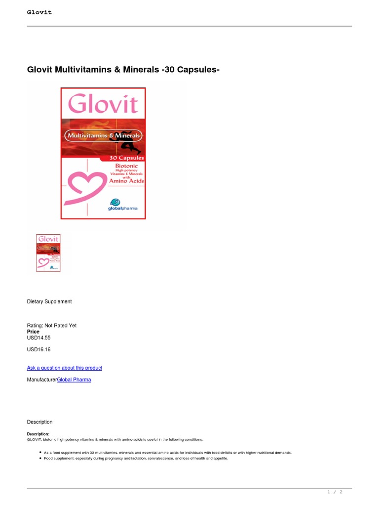 Glovit Multivitamins & Minerals - 30 Capsules | PDF