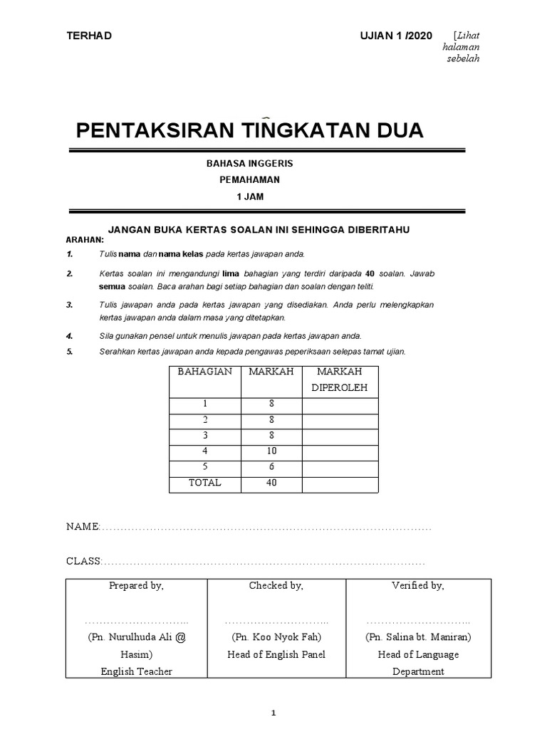 Reading Form 2 Ujian 1 2020 | PDF