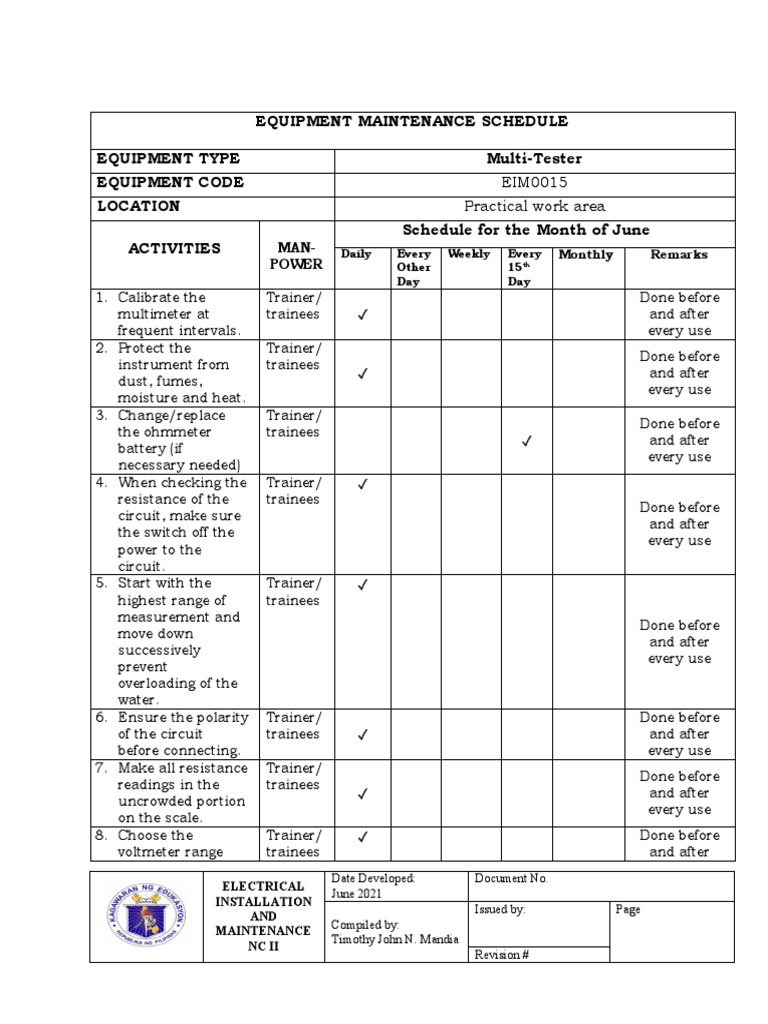 Equipment Maintenance Schedule Template | PDF | Equipment | Electrical ...