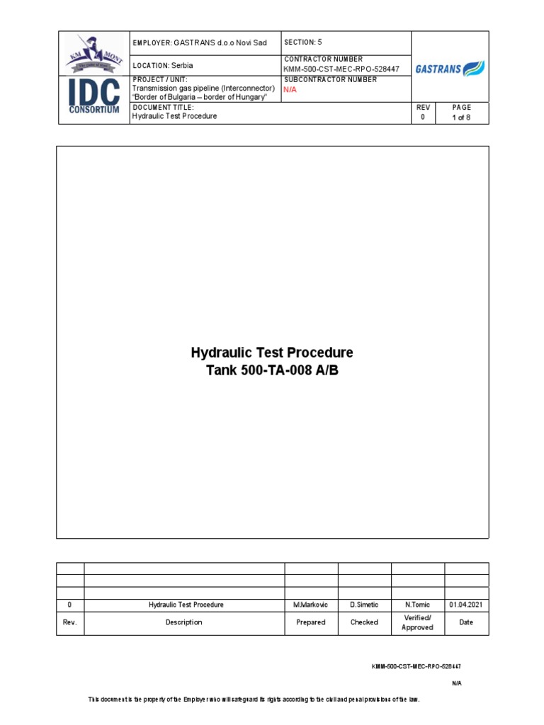 Hydrostatic Test Procedure | PDF | Gases | Mechanical Engineering
