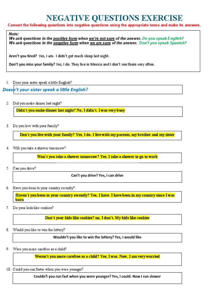 Negative Questions Exercise: Doesn't Your Sister Speak A Little English ...