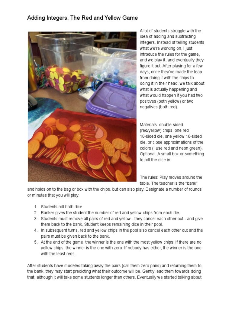Adding Integers The Red and Yellow Game Aka Payday | PDF | Leisure ...