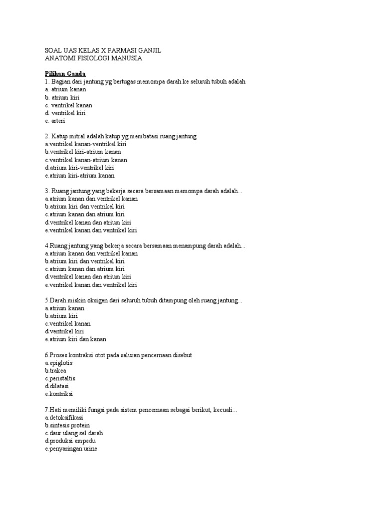 SOAL Anatomi Fisiologi Manusia UAS Kls X Farmasi Ganjil | PDF