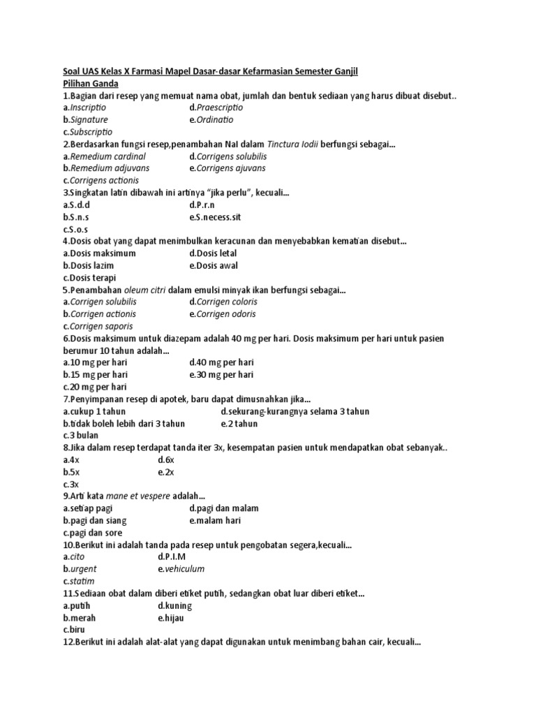 Soal UAS Dasar-Dasar Kefarmasian Kls X Farmasi Ganjil | PDF