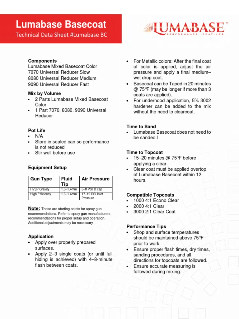 Lumabase Basecoat: Technical Data Sheet #Lumabase BC | PDF | Paint | Materials
