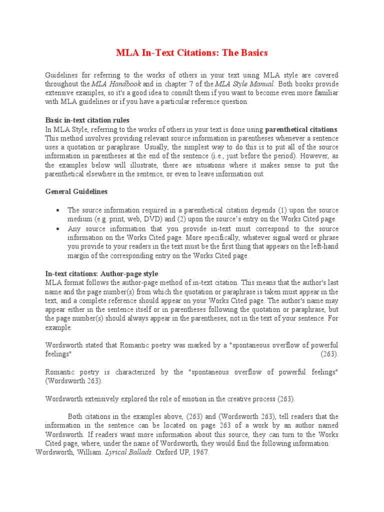 MLA In-Text Citations: The Basics | PDF | Citation | Bracket