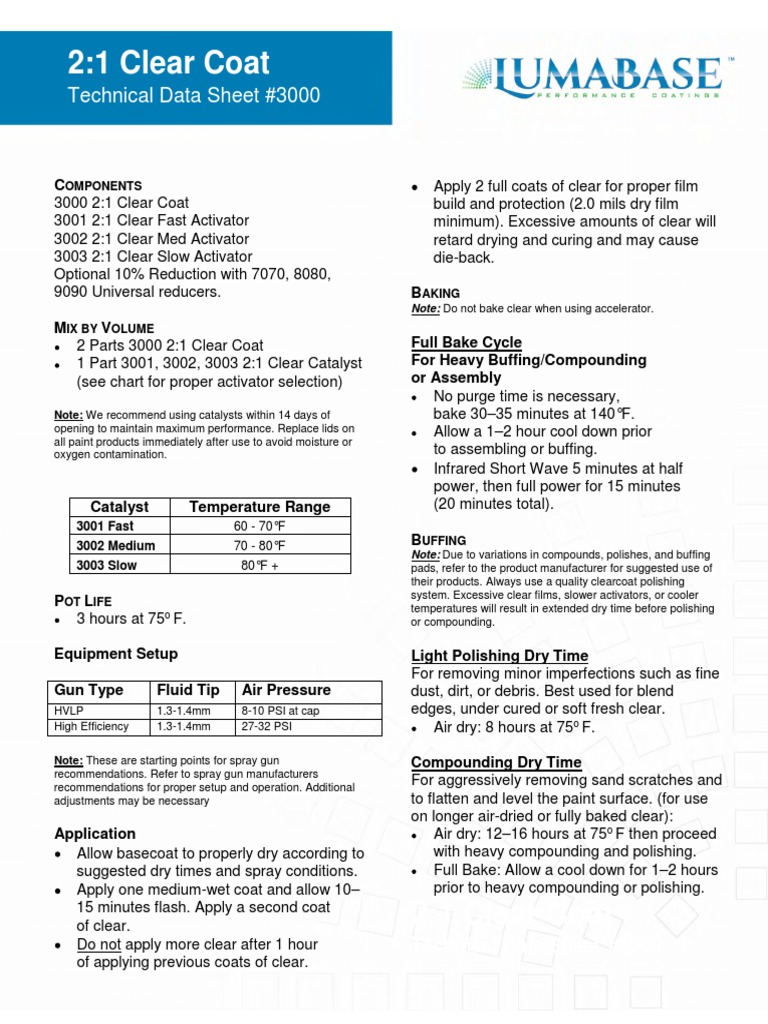 2:1 Clear Coat: Technical Data Sheet #3000 | PDF | Paint | Materials
