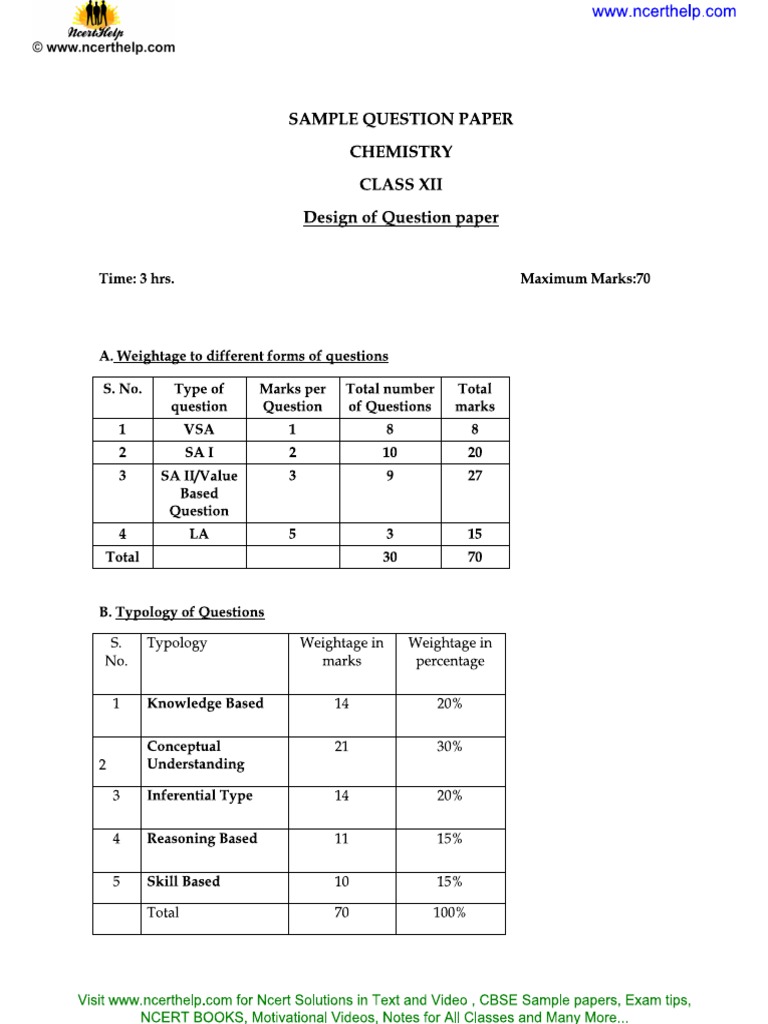 Cbse Sample Papers For Class 12 Chemistry With Solution | PDF