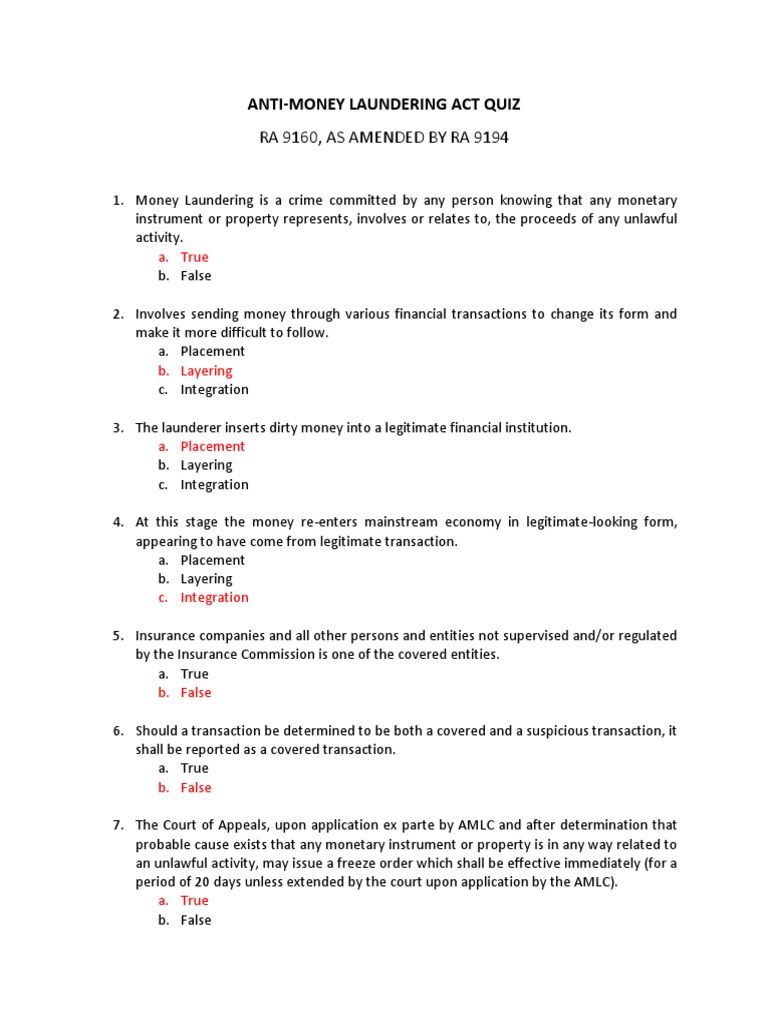 Ra 9160, As Amended by Ra 9194: Anti-Money Laundering Act Quiz | PDF ...