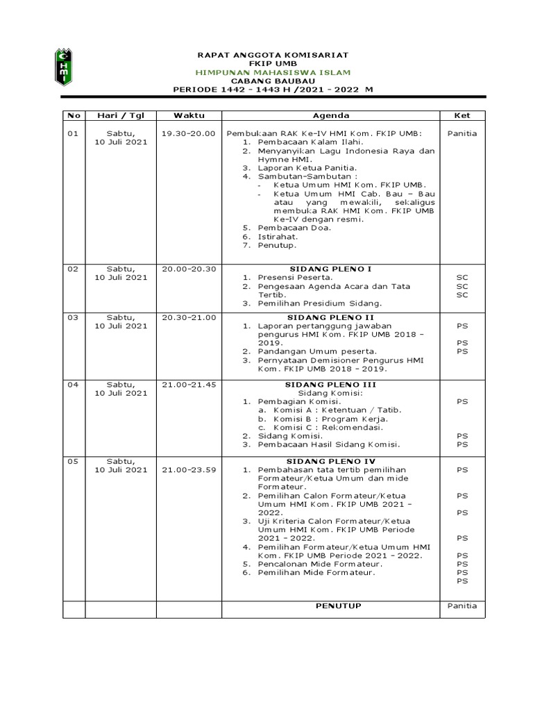 Agenda Acara Rak Hmi Komisariat Fkip Umb 2021-2022 | PDF