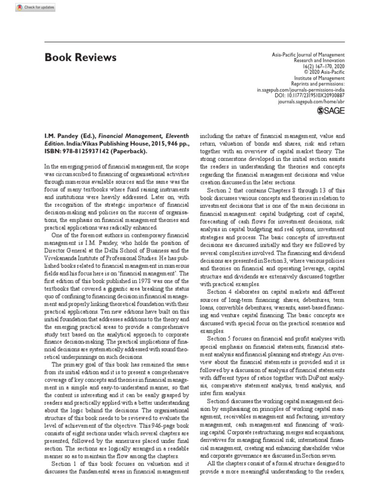 Book Reviews: I.M. Pandey (Ed.), Financial Management, Eleventh ISBN ...
