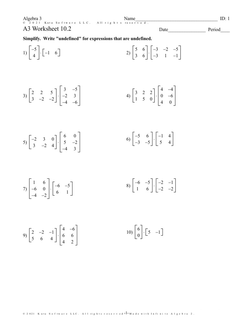 A3 Worksheet 10.2 Matrix Multiplication | PDF | Algebra | Linear Algebra