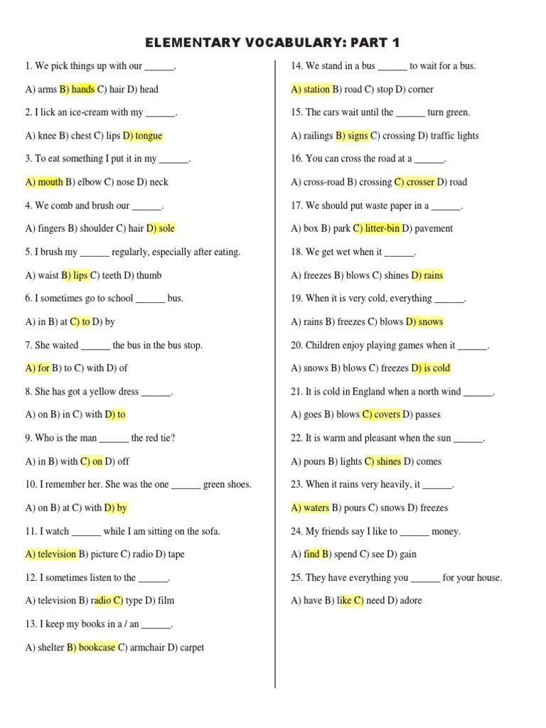 Vocabulary Quiz Answers: Part 1 | PDF