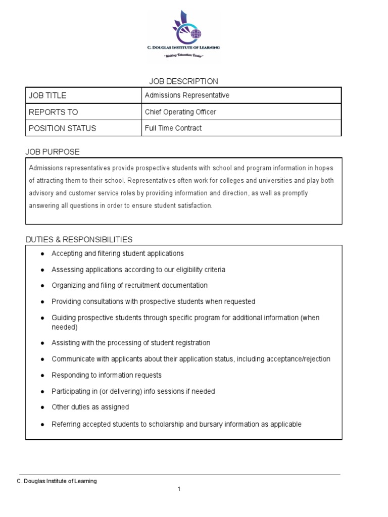 JOB DESCRIPTION Admission Rep. | PDF | Application Software | Business