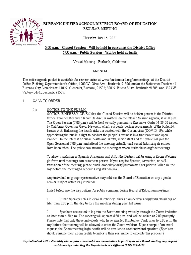 BURBANK UNIFIED SCHOOL DISTRICT BOARD OF EDUCATION REGULAR MEETING Thursday, July 15, 2021 | PDF ...