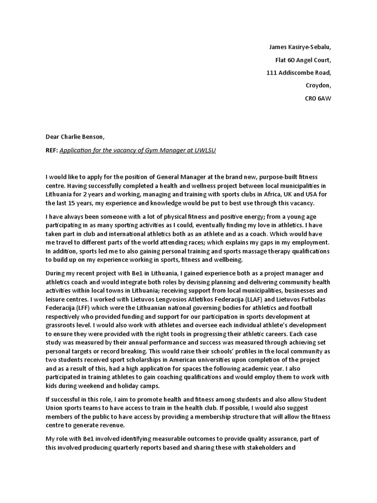 Gym Manager Cover Letter | PDF | Community | Business