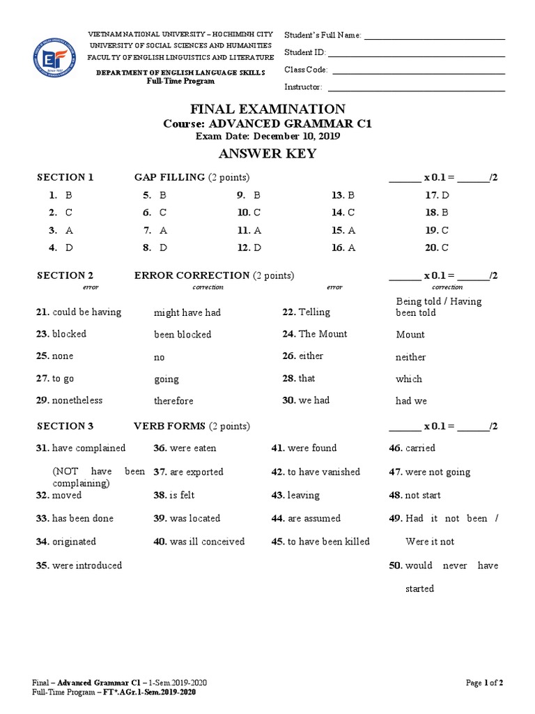 Final Examination Answer Key: Course: Advanced Grammar C1 | PDF ...