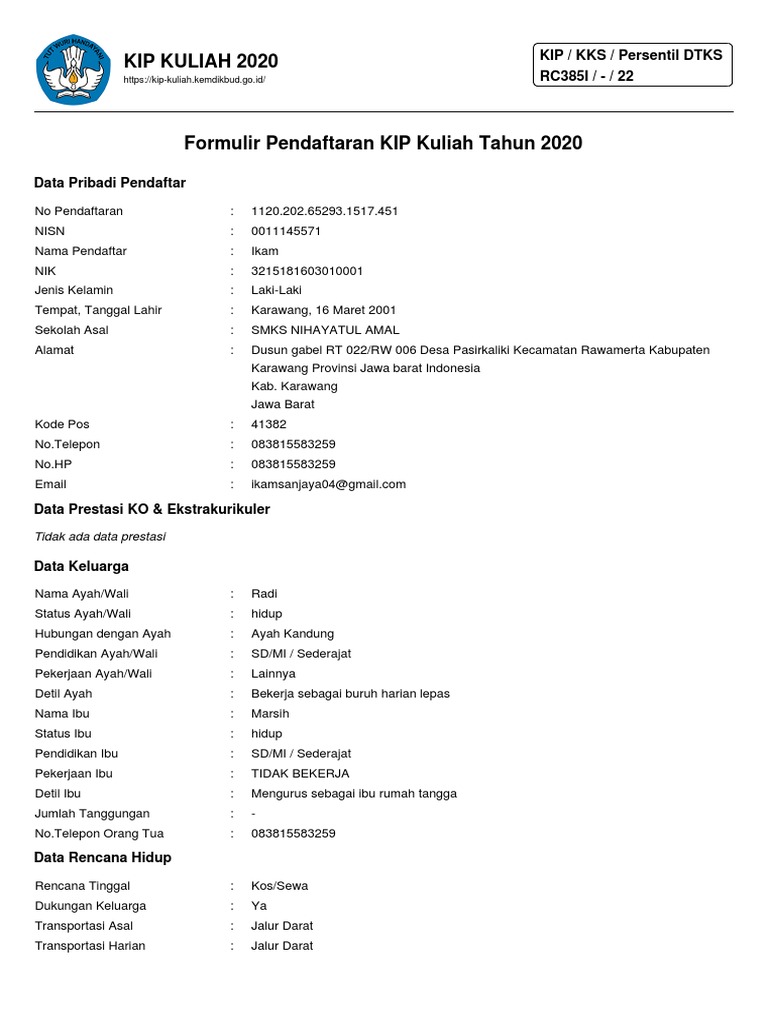 Formulir Peserta KIP Kuliah 2020 1 | PDF