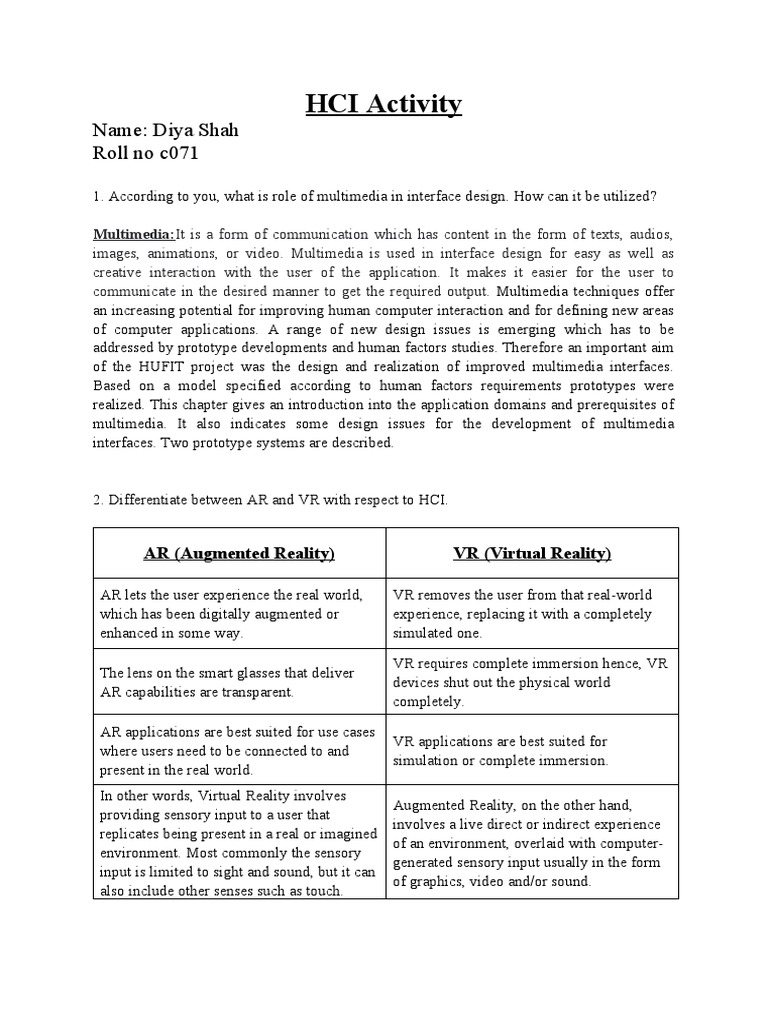 HCI Activity: Name: Diya Shah Roll No c071 | PDF | Augmented Reality | Multimedia