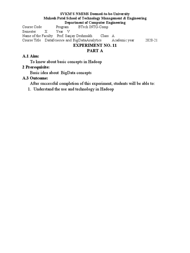 Experiment No. 11 Part A A.1 Aim: 2 Prerequisite: A.3 Outcome: After ...