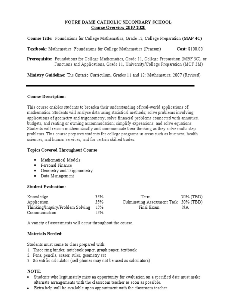 MAP4C Course Overview 2020sept | PDF | Career & Growth | Teaching ...