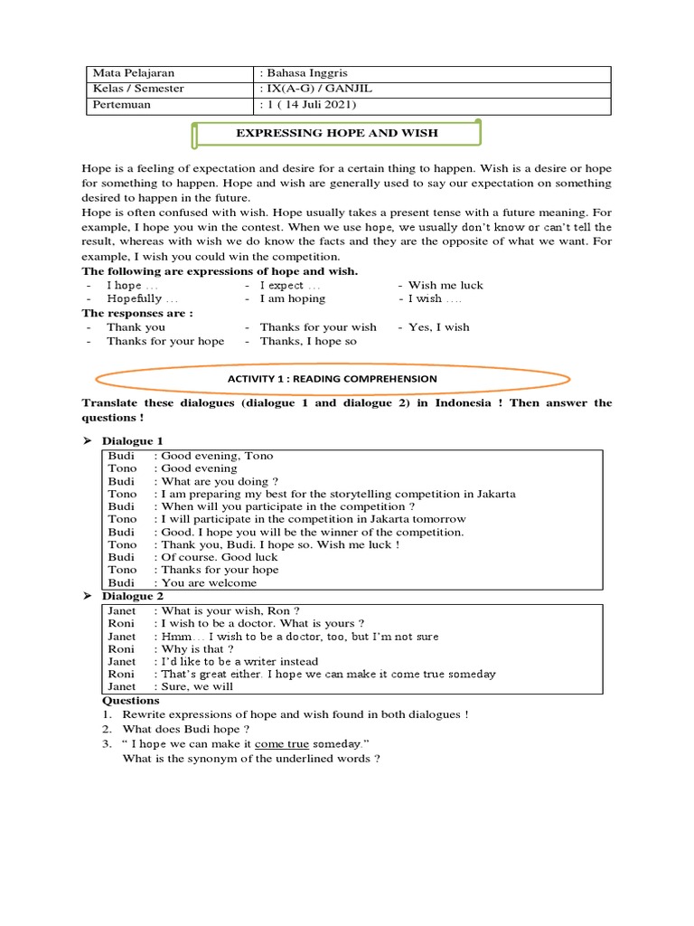 Expressing Hope and Wish: Activity 1: Reading Comprehension | PDF