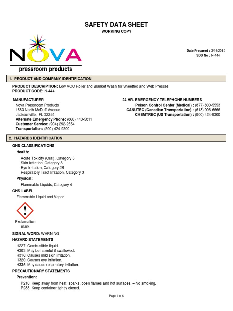 Safety Data Sheet: Date Prepared: 3/16/2015 SDS No: N-444 | PDF ...