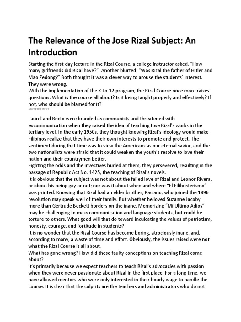 The Relevance of The Jose Rizal Subject: An: Advertisement | PDF ...