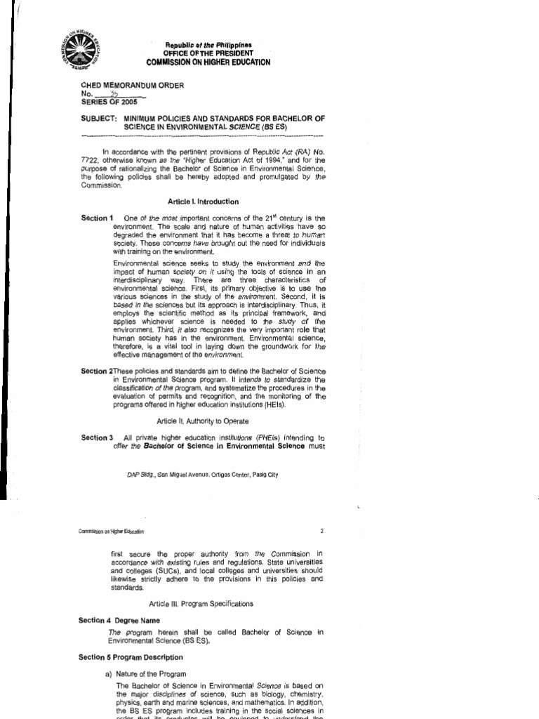 SYLLABUS GUIDE - CHED Bachelor of Science in Environmental Science | PDF