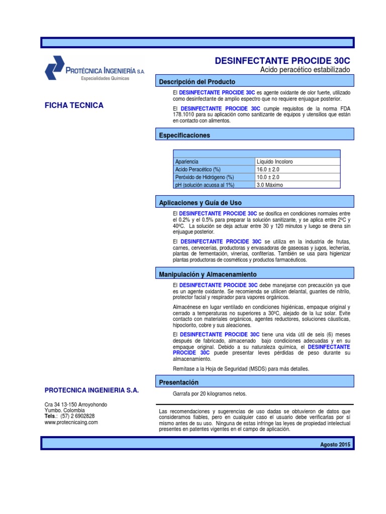 Desinfectante Procide 30C | PDF | Sustancias químicas | Química