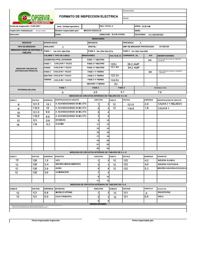 Formato Inspección electrica - Medicion de carga | PDF | Ingenieria Eléctrica | Electricidad